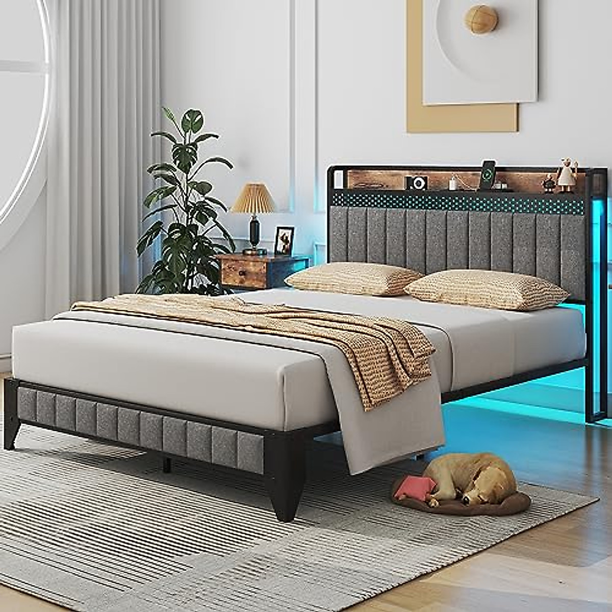 Saudism Full Size Bed Frame with Charging Station, Bed Frame with Led Lights, Full Platform Bed Frame with Soft Storage Headboard, Sturdy and Durable, No Box Spring Needed, Rustic Wood + Steel, Grey