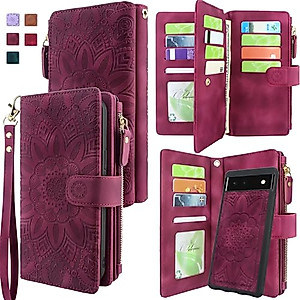 Harryshell Detachable Magnetic Zipper Wallet Leather Case with Cash Coin Pocket 12 Card Slots Holder Wrist Strap Lanyard Compatible with Google Pixel 6A 5G (2022) (Flower Wine Red)