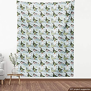 Lunarable Geese Fabric by The Yard, Ducks Fowl on The Farm with Greenery Leaves Etching Illustration Design Print, Decorative Fabric for Upholstery and Home Accents, 1 Yard, Olive Green