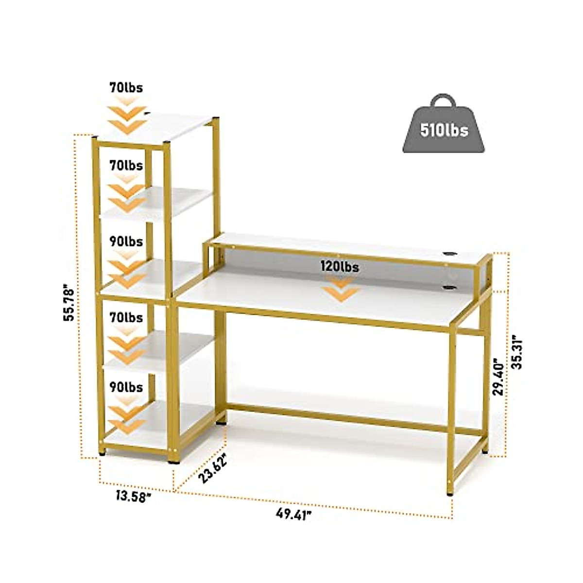 Teraves Computer Desk with 5 Tier Shelves,Reversible Writing Desk with Storage 49 Inch Study Table for Home Office Independent Bookcase and Desk for Multiple Scenes (Desk+Shelves, White+Gold Frame)