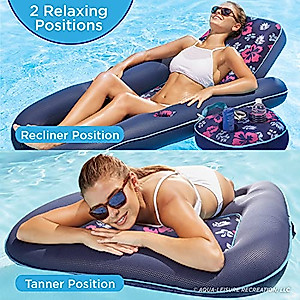 Aqua Campania Ultimate 2-in-1 Pool Float Lounge – Extra Large – Inflatable Pool Floats for Adults with Adjustable Backrest & Cupholder Caddy – Navy Hibiscus