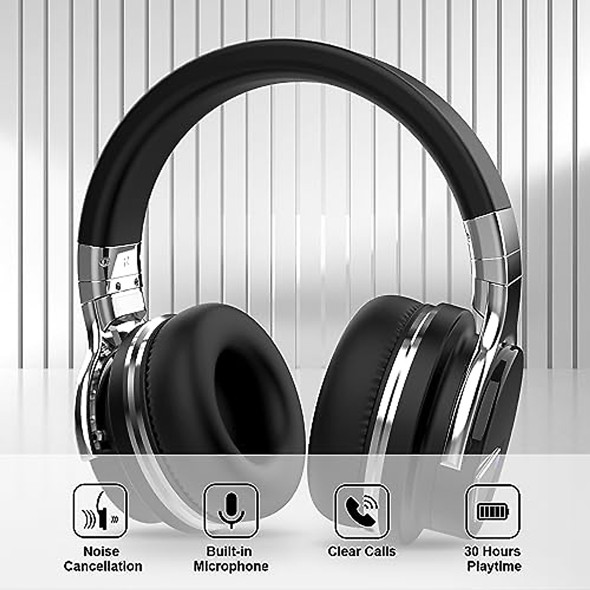 Active Noise Cancelling Headphones Bluetooth Headphones Wireless Headphones with Microphone Over Ear with Deep Bass, Comfortable, for Travel/Home/Office, 30 Hours Playtime, Black