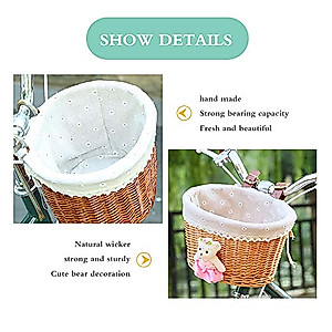 Moontie Bike Basket Front Basket Wicker Bicycle Basket, Sugar Honey Leather Belt Handmade Natural Rattan Bike Storage Basket