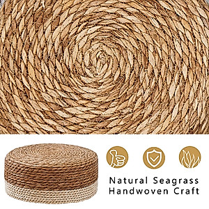 Cpintltr Natural Seagrass Hand Weave Poufs Vanity Stool Velvet Ottoman Stool Round Ottoman Foot Stool with Metal Legs for Living Room Bedroom Natural White