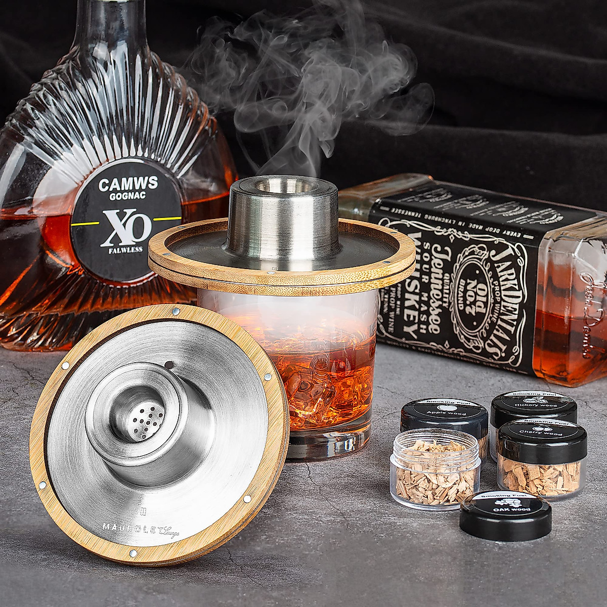 Maurolet Cocktail Smoker Kit with 4 Natural Wood Chips - Premium Non-Scorching Stainless Steel Smoke Infuser - Whiskey & Bourbon Old Fashioned Smoking Kit - Oak, Hickory, Cherry and Apple Flavours