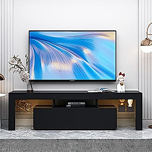 LED TV Stand for 70 Inch TV, Entertainment Center with Storage, Tall Black Modern 65 60 55 50 Stands Living Room