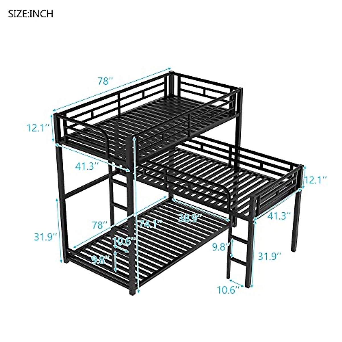 Harper & Bright Designs L-Shaped Metal Triple Bed, Metal Twin Over Twin Over Twin Bunk Bed Frame with Two Ladder, Full-Length Guardrails, 3 Bunk Beds for Kids Teens Adult, Black