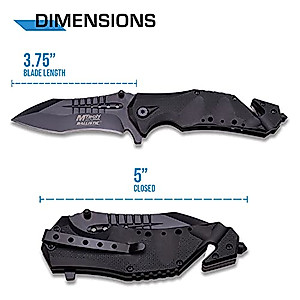 MTech USA – Spring Assisted Folding Knife – Black Stainless Steel Blade and Black Aluminum Handle with Rope Cutter, Glass Punch and Pocket Clip - Hunting, Camping, Survival, Tactical, EDC – MT-A845BK