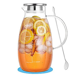 Glass Pitcher, 91 oz/2.7L Glass Water Pitcher with Lid and Handle, Carafe Pitcher for Beverage, Hot Cold Drinking, Boiling water on electric stove, Stainless Steel Lid and Borosilicate Glass