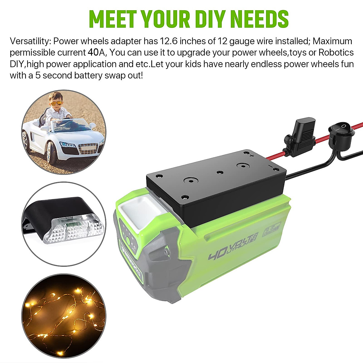 Power Wheel Adapter with Fuse & Switch, Secure Battery Adapter for Greenworks 40V Lithium Battery, with 12 Gauge Wire, Good Power Convertor for DIY Ride On Truck, Robotics, RC Toys and Work Lights