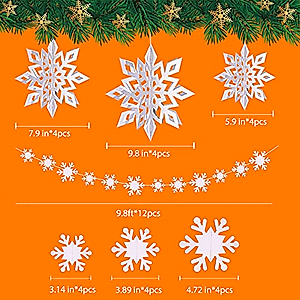 12PCS Winter Christmas Snowflakes Hanging Decorations - 3D White Paper Snowflake Garland with Snowflake Banner for Christmas Holiday Winter Wonderland Frozen Party Decorations