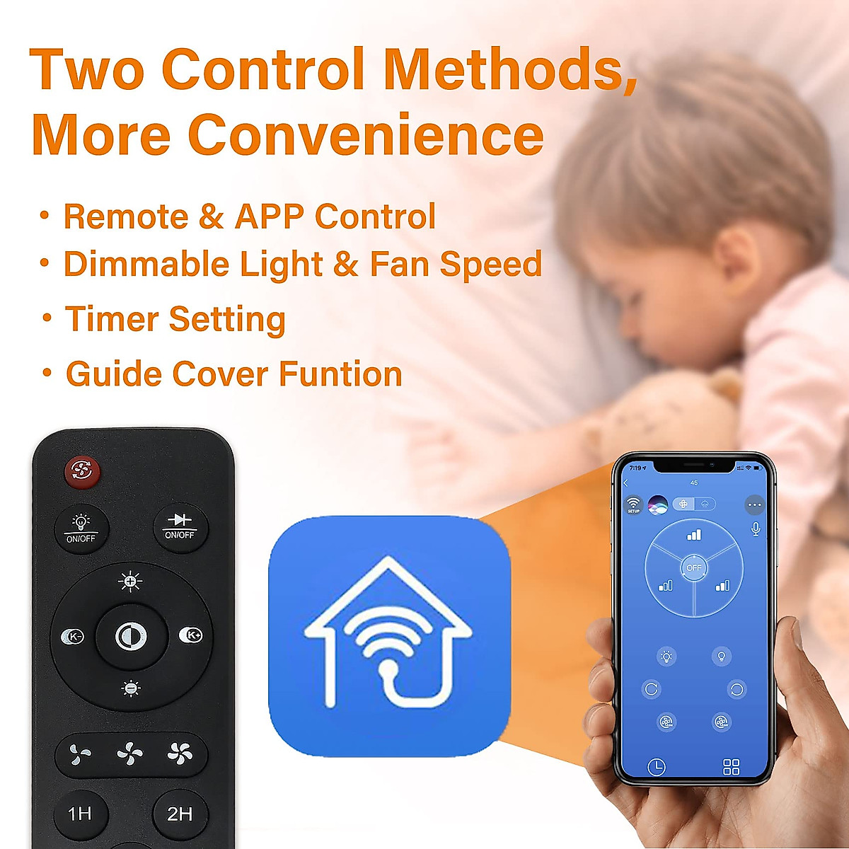 TC-Home Ceiling Fan with LED Light Invisible Blades 22 inches Morden Blue Lighting Color Changing Close to Ceiling Chandelier Fan