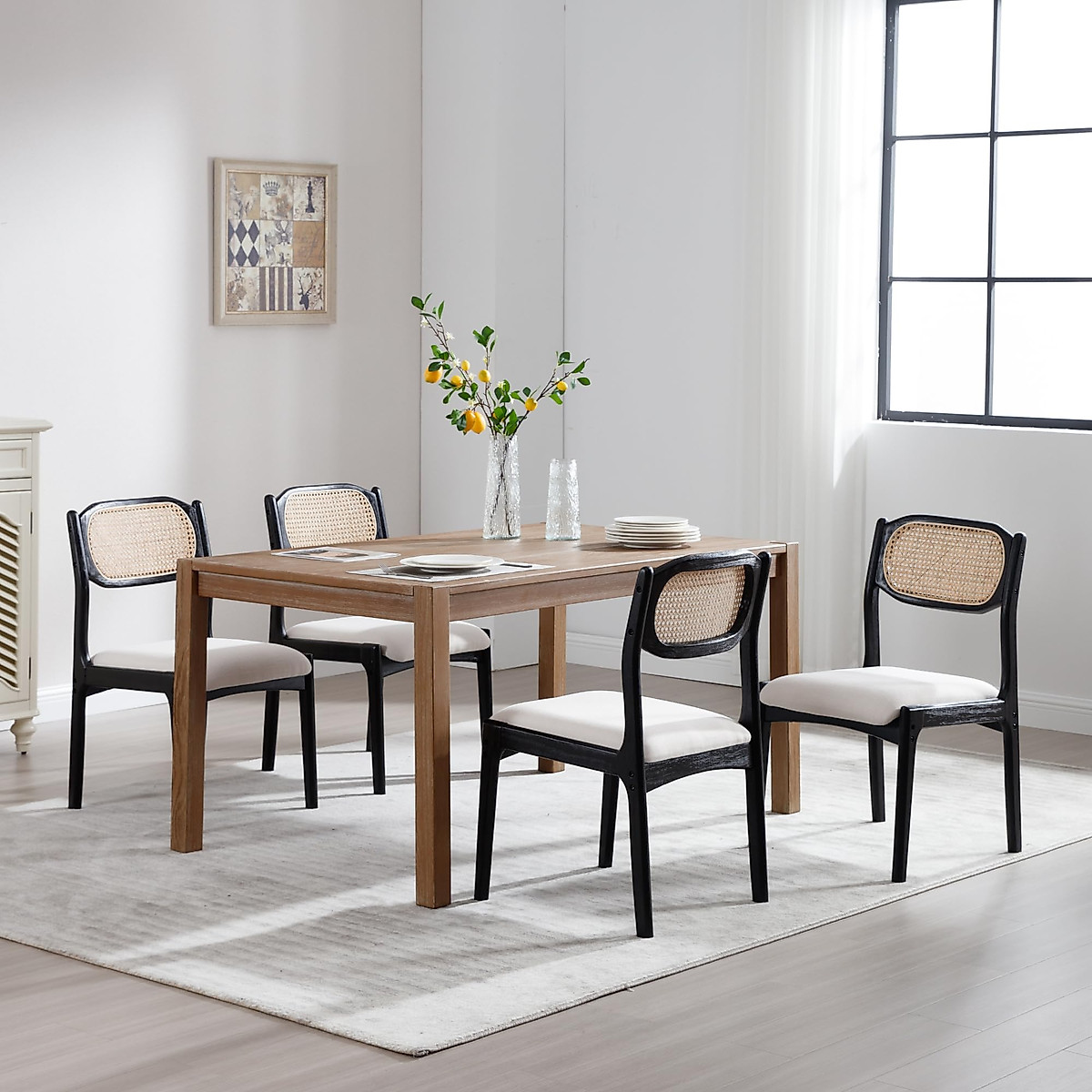 Shunzhi Modern Dining Chairs Set of 2 with Rattan Back and Black Wood Legs, Mid Century Cane Dining Room Chairs Farmhouse Upholstered Kitchen Chairs for Dining Room/Restaurants, White Linen