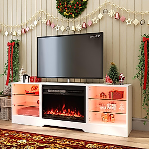 COCO DESIGN Fireplace TV Stand with 23" Fireplace, Electric Fireplace TV Console for TVs up to 75", LED Lights Wood and Glass Entertainment Center & Remote Control, White