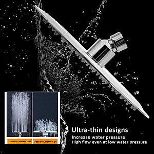 Rain Shower Head with 11'' Adjustable Arm, NearMoon High Pressure Stainless Steel Rainfall Showerhead, Ultra-Thin Design - Pressure Boosting (8-Inch Shower Head with Arm, Chrome)