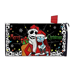 FBCOO Merry Christmas Mailbox Cover Magnetic Standard Size 21"x19", Xmas Jack Skellington Sally Skulls Decorative Post Letter Box Decor, Funny Holiday Black Garden Yard Outdoor Decoration