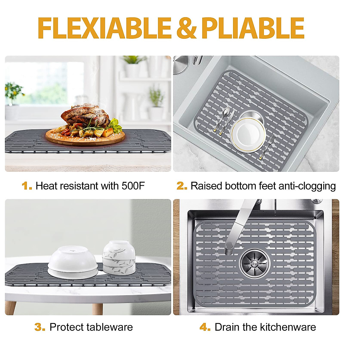 JUSTOGO Sink Mat, Silicone Sink Protectors for Kitchen Sink Grid Accessory 18'' x 12.8'', Kitchen Sink Mats for Bottom of Kitchen Farmhouse Stainless Steel Porcelain Sink, Center Drain（1 PCS)）