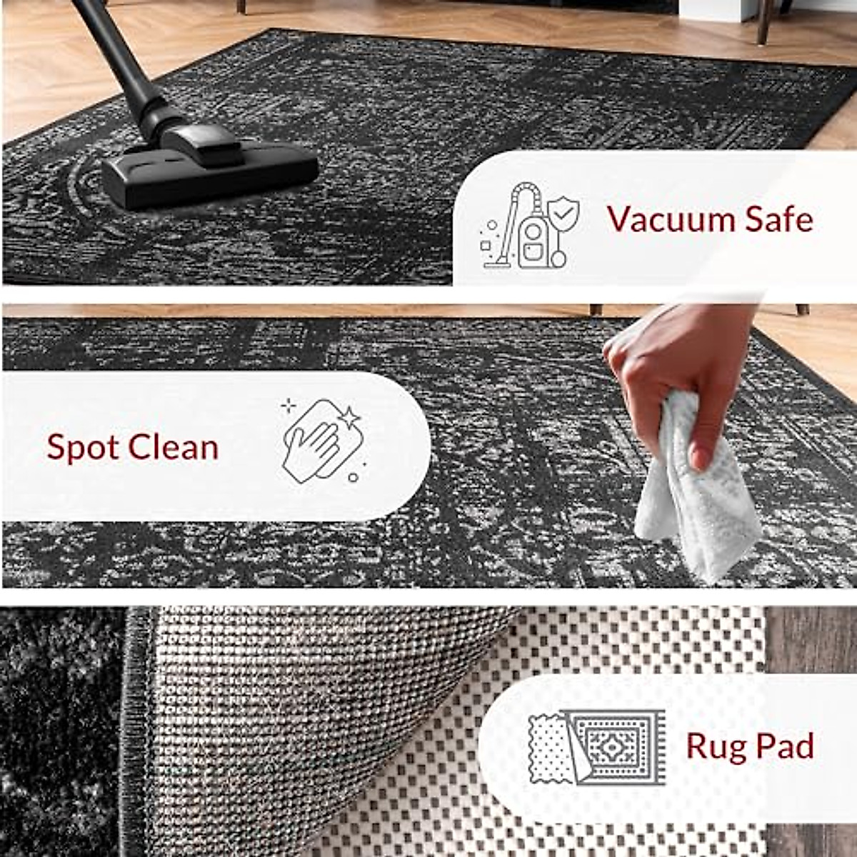 nuLOOM Arlena Vintage Traditional Area Rug - 5x8 Area Rug Modern/Contemporary Black/Grey Rugs for Living Room Bedroom Dining Room Kitchen