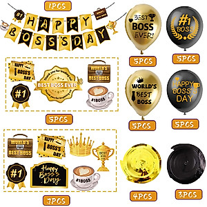Happy Bos Day Decorations for Men 40PCS Bos Day Decorations For Office with Happy Bos's Day Banner Hanging Swirls Balloons Cake Topper Best Bos Ever Decorations Gold
