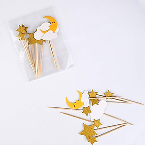 TAJIAA 36PCS Glitter Star Moon and Clouds Cupcake Toppers Picks for Birthday Party Baby Shower Wedding Christmas Valentine's Day Decorations