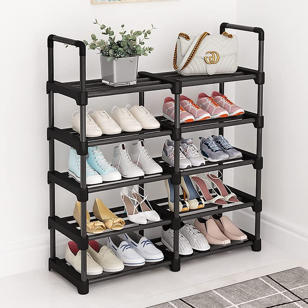 XIHAMA Shoe Rack 5 Tiers Tall Shoe Rack for Entryway 20-24 Pairs Shoe and Boots Sturdy Organizer Storage Shelf Space Saving Large Shoe Tower Durable Black Metal Stackable Shoe Cabinet