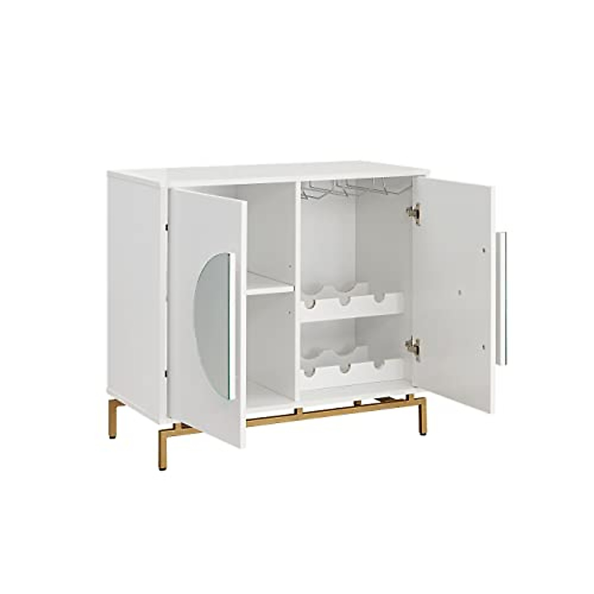 Home Source 31.5'' White Modern Bar Cabinet, Wooden Double Door Cabinet with Half Moon Handles, Storage Cabinet with Wine Rack, Solid Metal Legs, Spacious Counter Top