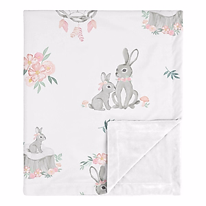 Sweet Jojo Designs Woodland Bunny Baby Girl Receiving Security Swaddle Blanket for Newborn or Toddler Nursery Car Seat Stroller Soft Minky - Blush Pink and Grey Boho Floral Watercolor Rose Flower