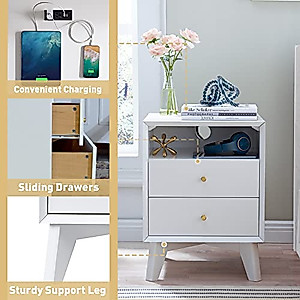 T4TREAM White Nightstand with Charging Station, Mid-Centry Modern Nightstand End Table with 2 Stroage Drawers, Easy Assembly Wood Sofa Side Table for Living Room, Bedroom, Kids Bedroom, Solid White