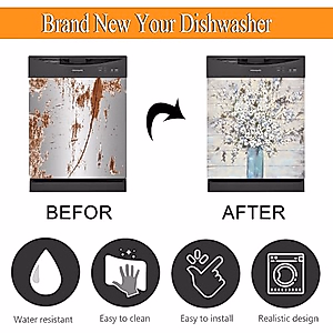 FRES Vase Flower Dishwasher Magnet Covers for The Front,Wood Texture White Floral Refrigerator Magnetic Stickers,Oil Painting Spring Home Cabinet Decor Panel Decal 23x26inch