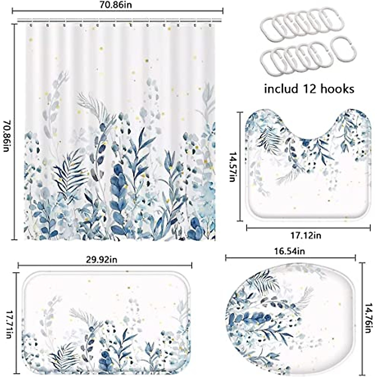 Leopinky 4pcs Shower Curtain Set, Plant Bathroom Sets with Shower Curtain and Rugs, Botanical Nature Leaf Bath Curtain Set with 12 Hooks for Bathroom (71" X 71", Blue)