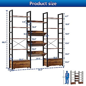 HSSZXFR Triple Wide Bookshelf 5-Tier with 2 Drawers, Industrial Bookshelves Sturdy Wood and Metal, Bookcase Spacious for Display and Storage, Large Display Rack for Home Office