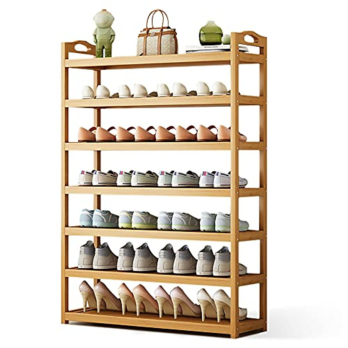 QUMENEY 7 Tier Bamboo Shoe Rack for Entryway,Tall Shoe Rack Storage Organizer, Free Standing Sturdy Shoe Shelf for Bedroom Doorway Living Room Balcony Closet Free Standing, 35.4 x 9.8 x 45.3 inch