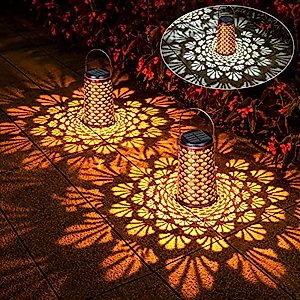 Hanging Solar Lanterns Outdoor Waterproof - 2 Pack Metal LED Decorative Lights with 2 Modes Warm Cool White for Landscape, Courtyard, Camping, Garden, Tabletop, Backyard