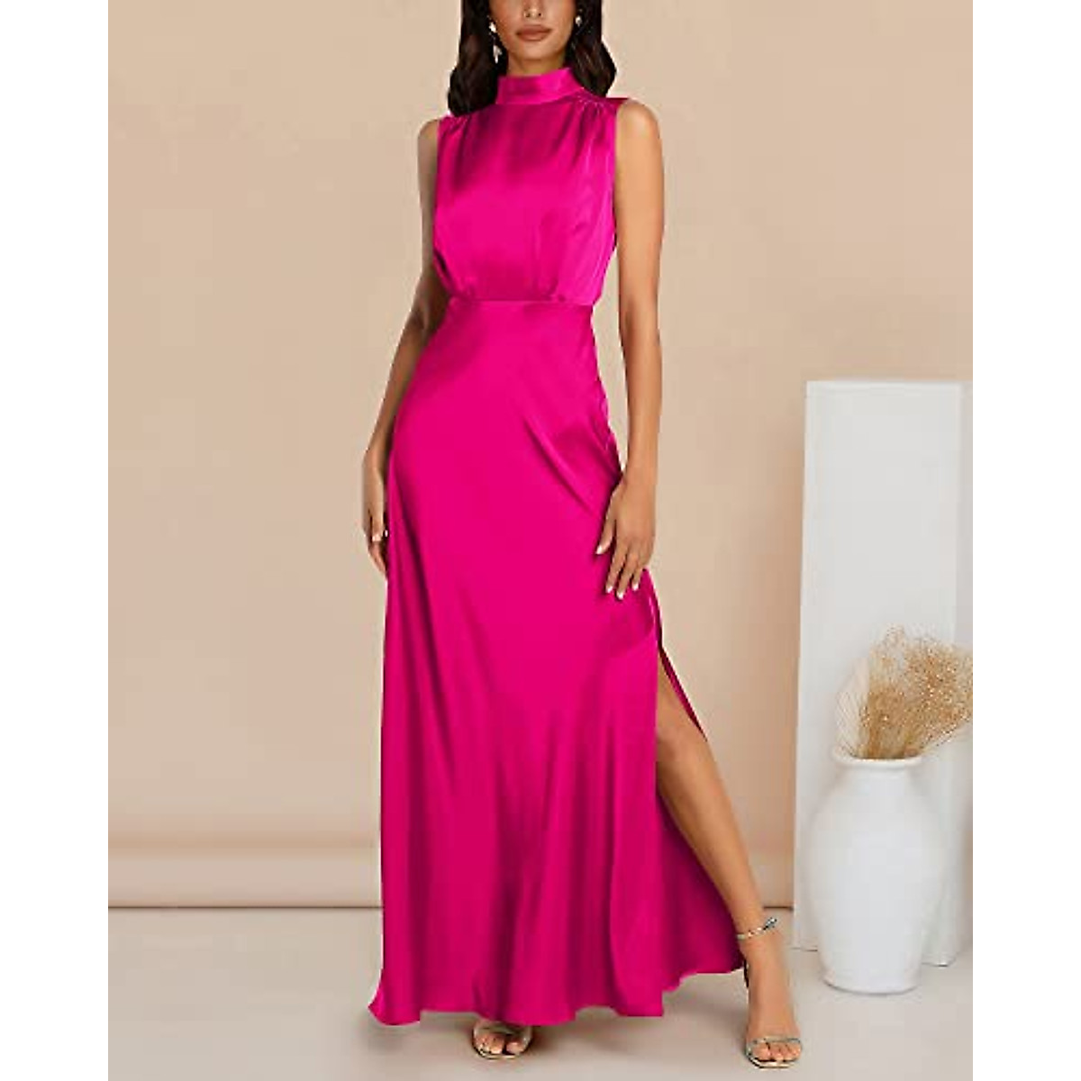 BTFBM Women Sleeveless Mock Neck Cocktail Dresses Keyhole Elastic Waist Party Wedding Guest Satin High Split Maxi Dress(Solid Rose Red, Small)