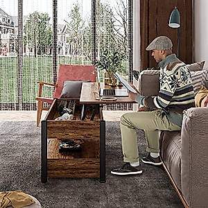 Osfvolr Lift Top Coffee Table, Coffee Table with Storage Drawers and Adjustable Metal Legs, Vintage Wood Living Room Tables with Hidden Compartment and Open Shelf, Brown