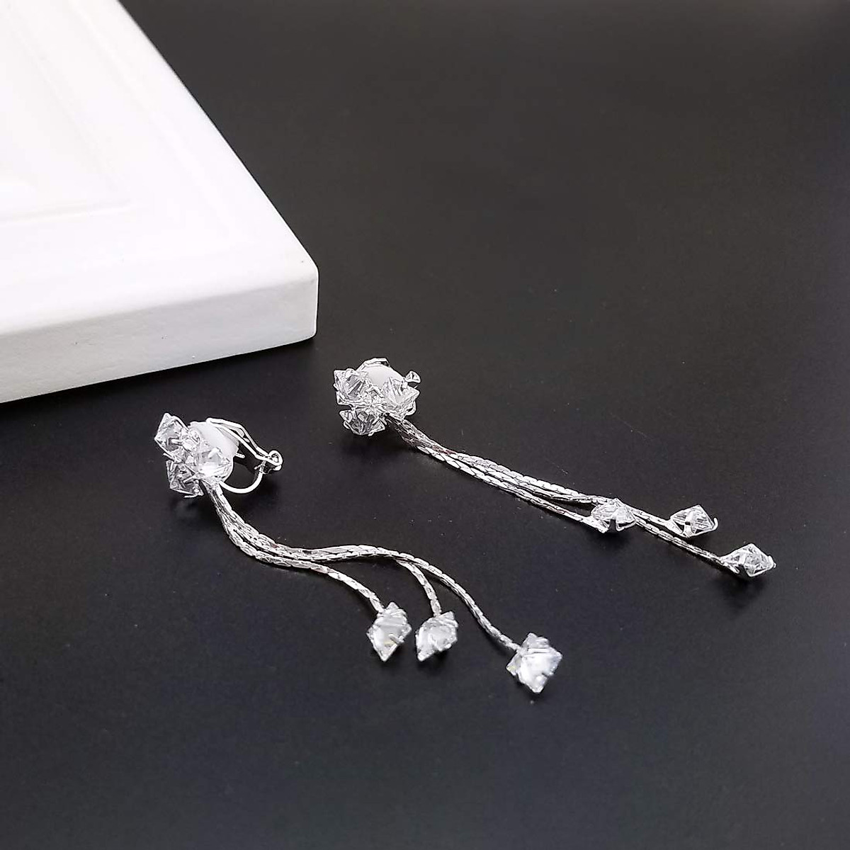 YOQUCOL Women Cubic Zirconia Crystal Long Drop Dangle Clip On Earrings For Not Pierced Women