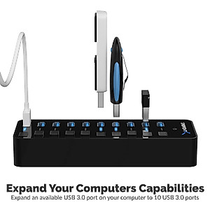 10 Port 60W USB 3.0 Hub with Individual Power Switches and LEDs Includes 60W 12V/5A Power Adapter+USB External Stereo Sound Adapter for Windows and Mac. Plug and Play No Drivers Needed
