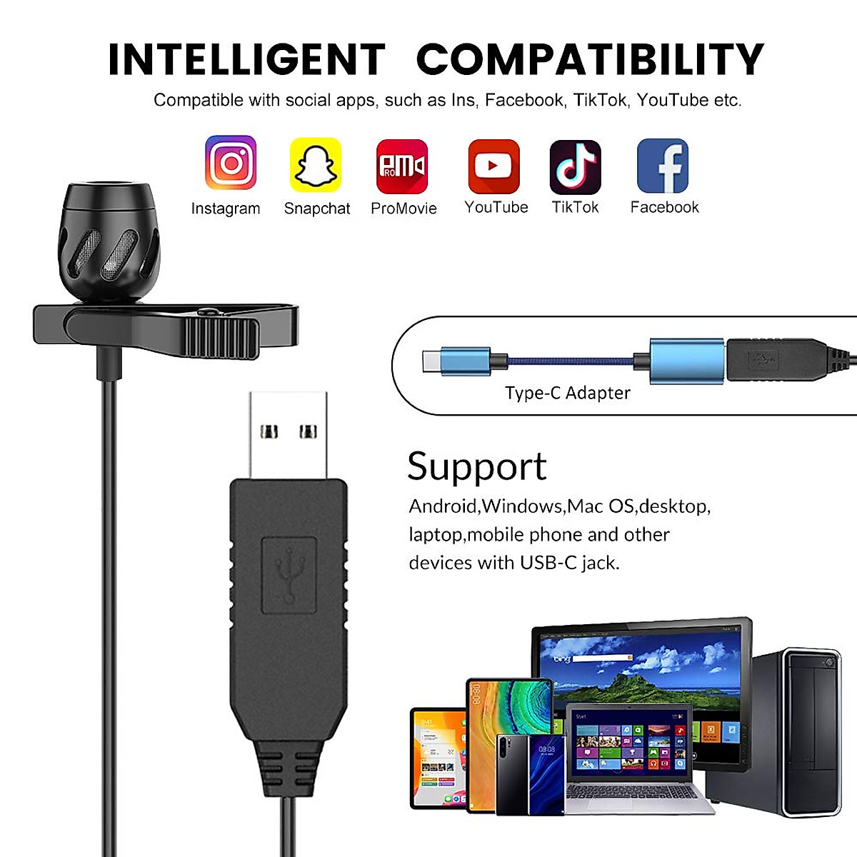KMAG USB Lavalier Microphone, Lapel Microphone for Computer, USB-C Clip On Mic for YouTube, Recording, Podcasting, Gaming, Interview Omnidirectional Condenser Mic for PC, Laptop, Mac, Smartphone