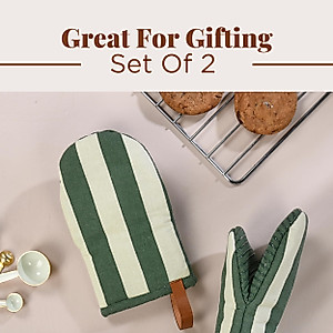 Folkulture Mini Oven Mitts Heat Resistant 5.75" x9", Set of 2 Short Oven Mitts with Hanging Loop, 100% Cotton Oven Gloves or Kitchen Mittens, Small Oven Mitt Set or Silicone Oven Mits (Matcha)