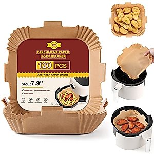 120 PCS Air Fryer Disposable Paper Liner Square, 7.9-inch (Fit 5-8 QT) Non-stick Parchment Paper for Air Frying, Baking, Roasting Microwave, Unbleached Oil-proof Parchment Paper