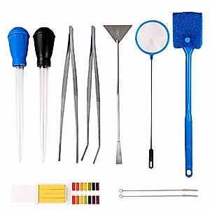 Roundler 10 in 1 Aquarium Coral Feeder Aquatic Plant Aquascaping Tool with Stainless Steel Feeding Long Tweezers Spatula 1 Fishing Net 80 Strips PH Tester 2 Straw Brushes 1 Cleaning Brush (H01)