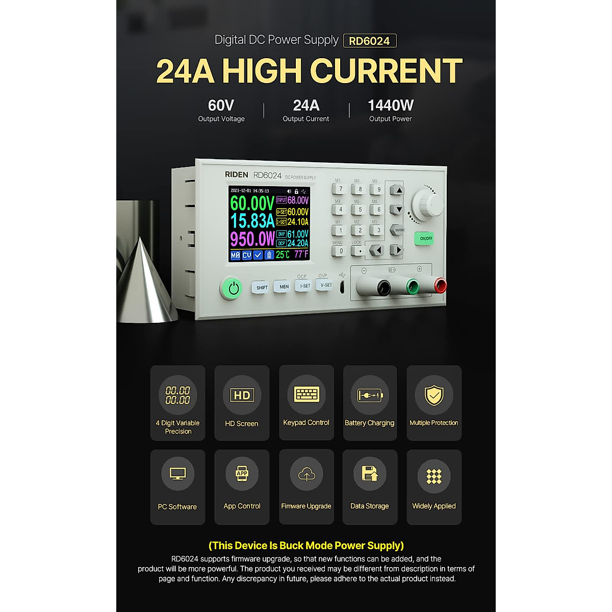 DC Power Supply Variable Adjustable Lab Bench Power Supply Buck Converter Step Down Switching Regulated 4-Digital LCD Display 60V 24A 1140W Assembled RD6024