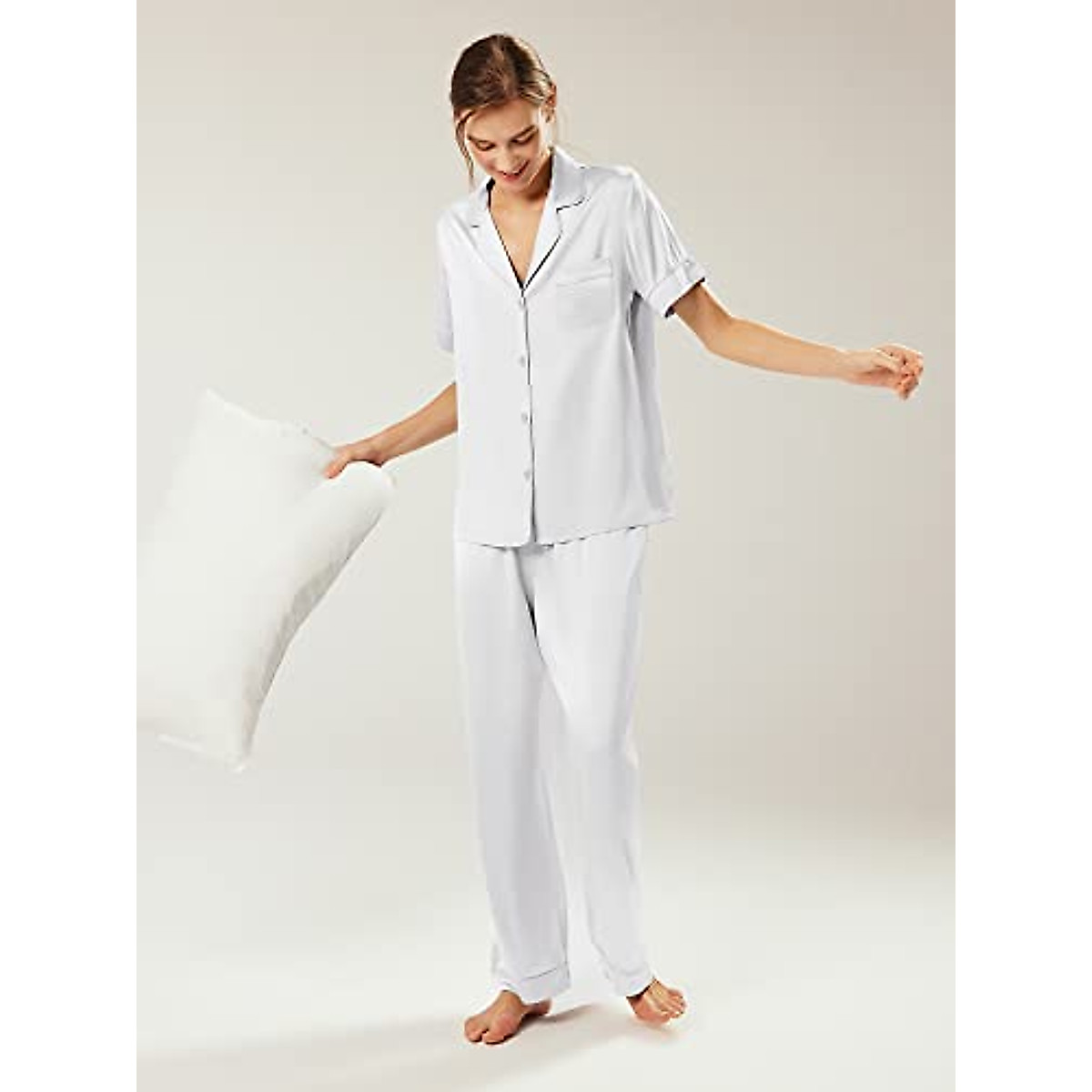 AW BRIDAL Womens Summer Pajamas Set Short Sleeve Silk Pajamas Button Up Pjs Bride Bridesmaid Pajama Set Gift, White M