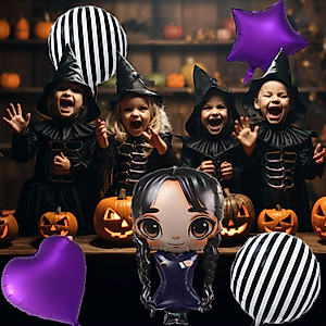 31" Gothic Cartoon Girl & Mixed Gothic Balloons Set: 5pcs Foil Balloons Black Striped, Star, and Heart Purple Balloons for Mysterious Character theme Party, Birthday, Halloween, and Costume Parties