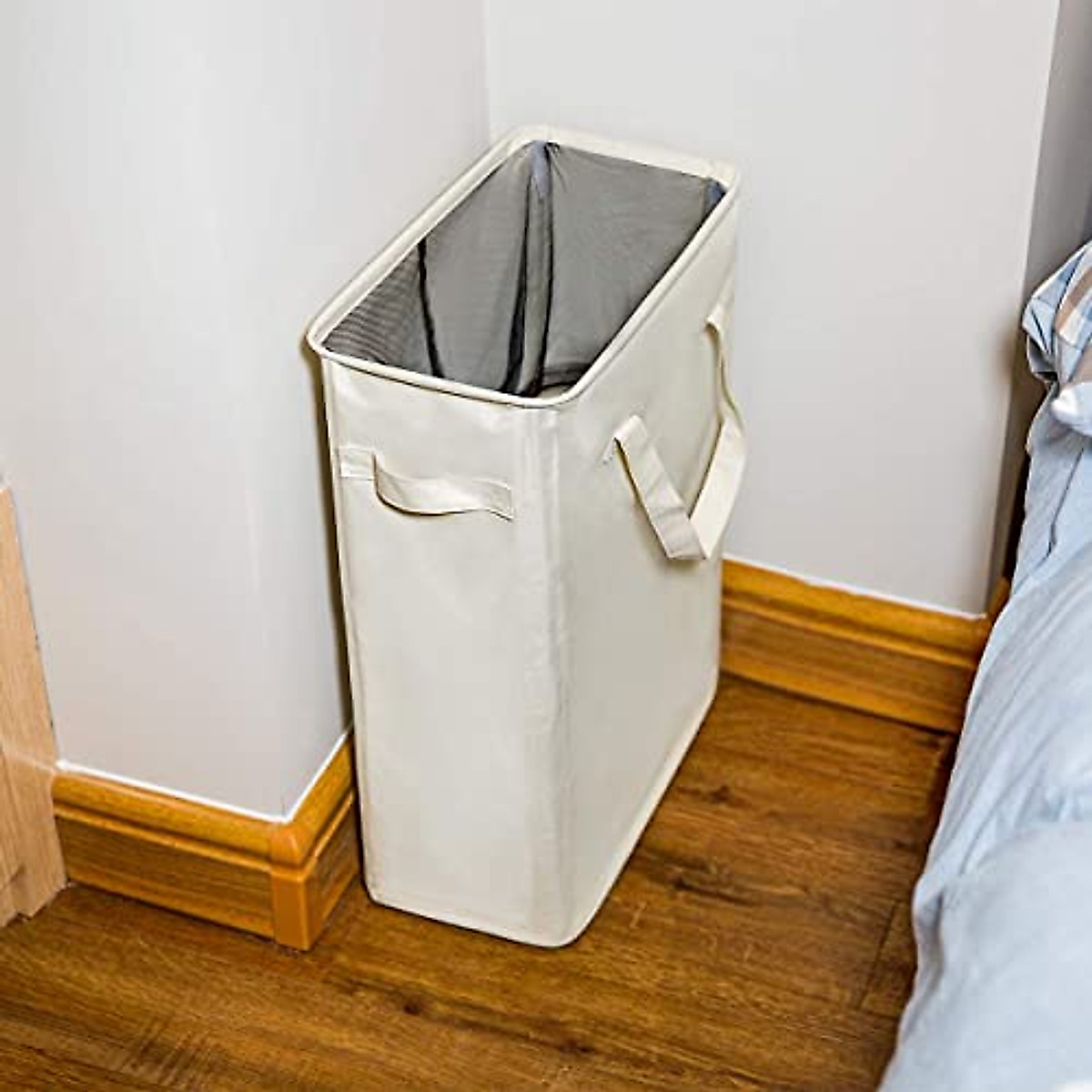 ZERO JET LAG Slim Laundry Hamper Beige and Grey Handles Collapsible Laundry Basket Thin Dirty Clothes Basket Narrow Laundry Bag Foldable Dirty Hamper