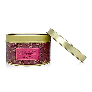 Fifi Peony's Gemstone Candles- Scented with Sweet Peonies and Infused with a Calming Amethyst Crystal and Handplaced Dried Flowers to Manifest Tranquility. Burns with an Elegant Wooden Wick. 8oz.