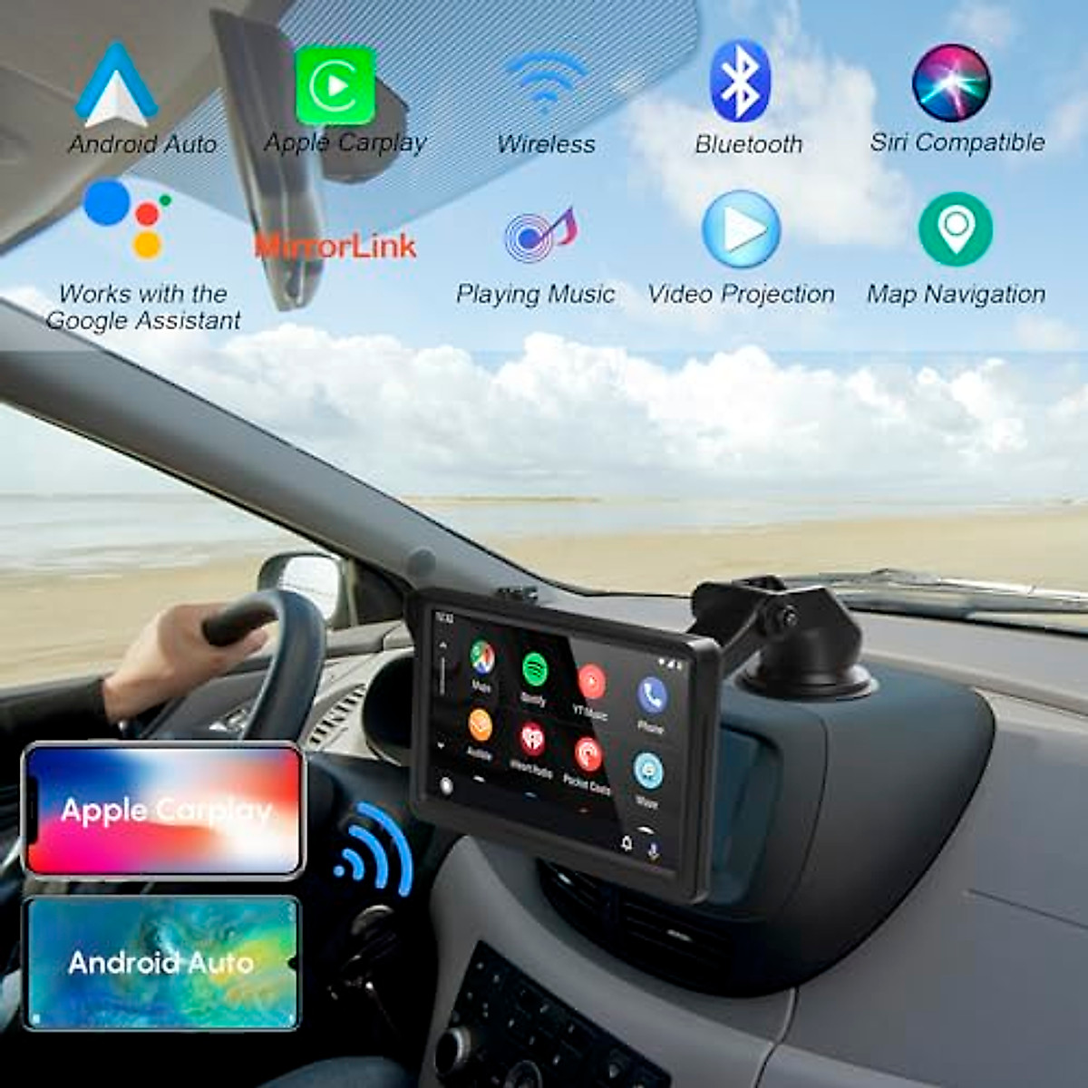 Portable Car Stereo with Wireless Apple Carplay and Android Auto - 7" Touchscreen Car Radio with Bluetooth | Mirror Link | Dash or Windshield Mounted