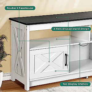 YITAHOME Farmhouse TV Stand for 65 inch with Power Outlet, Mid Century Modern Wood TV Table Media Console with Storage Cabinet and Open Shelves for Living Room, Bedroom, Black/White