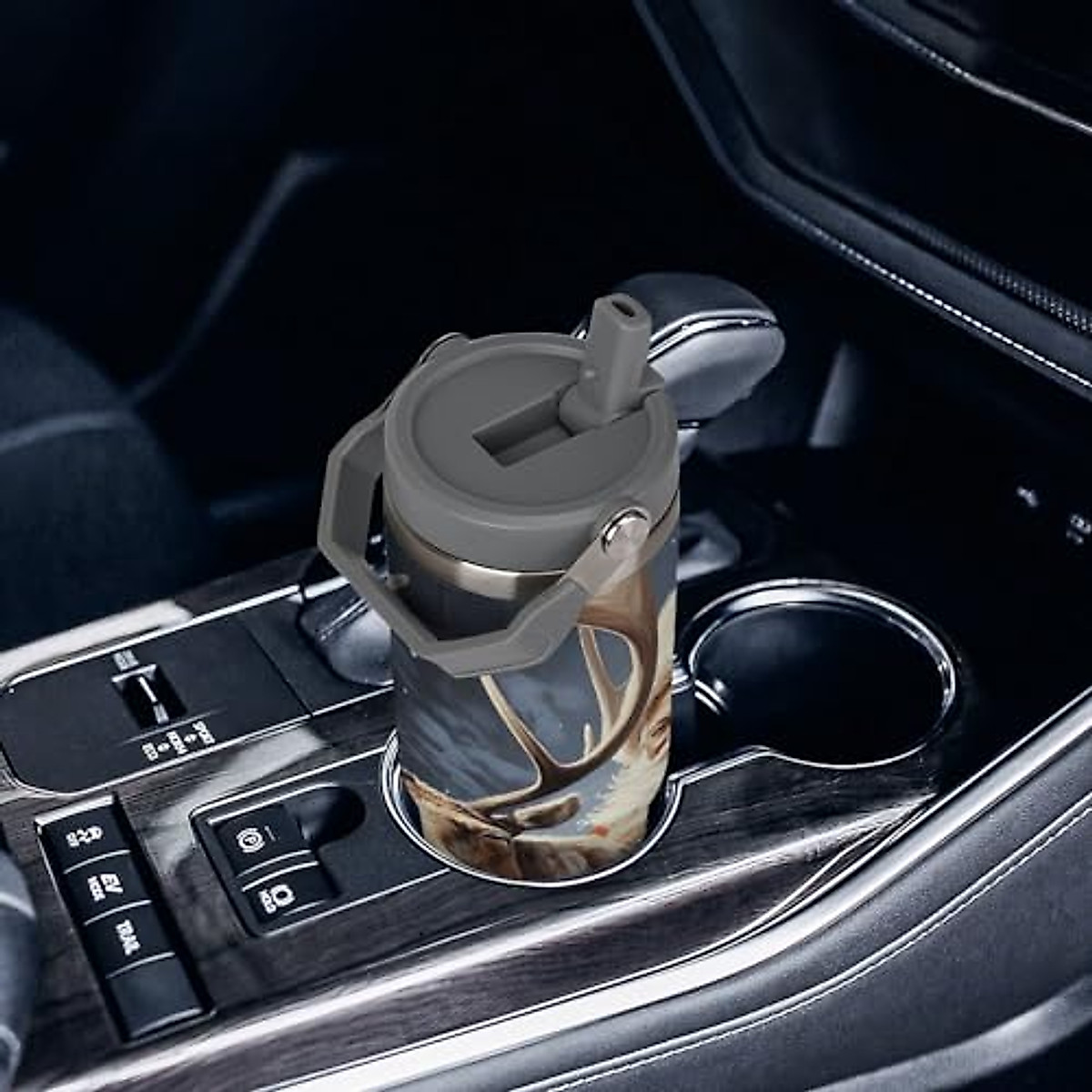 BWQJKUO Large Capacity Car Cup 30 Oz Stainless Steel Santa Claus And Deer Elk Printed Travel Mug Leak-proof Flip Straw Tumbler with Handle,keeps Cold Or Ho