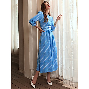 WDIRARA Women's Polka Dots Puff 3/4 Sleeve A Line Pleated Belted Flare Cocktail Long Dress Blue L